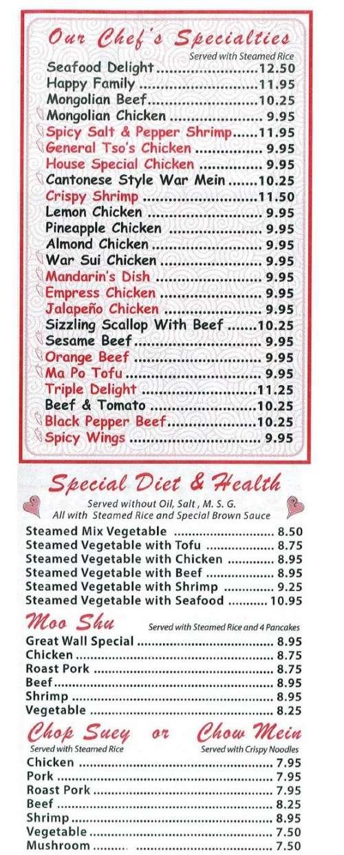 Great Wall Express menu in Portage, Michigan, USA
