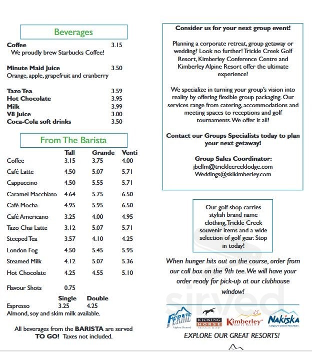 Menu - Kimberley BC's Trickle Creek Golf Resort | Sirved