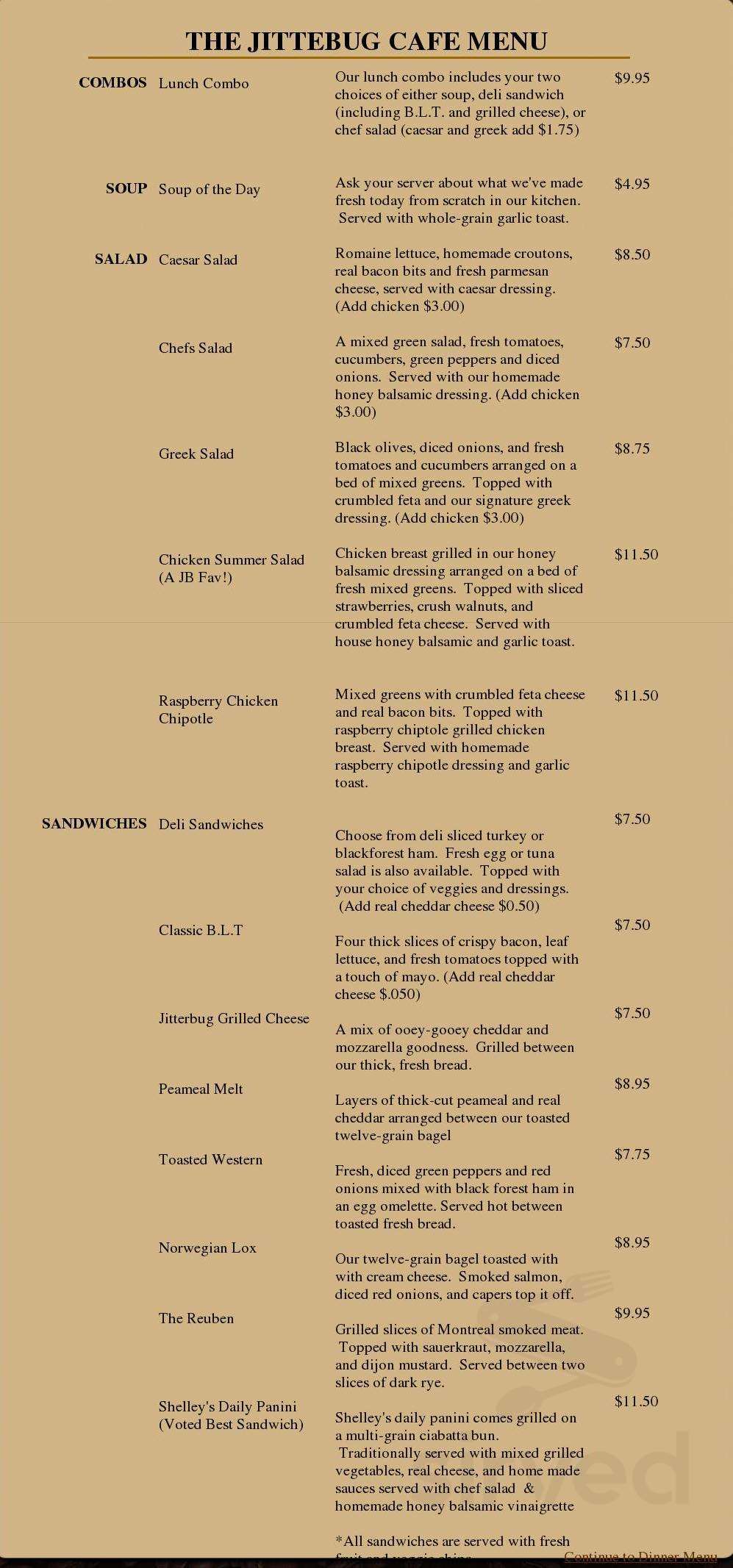 Jitterbug Cafe menu in Waterdown, Ontario, Canada