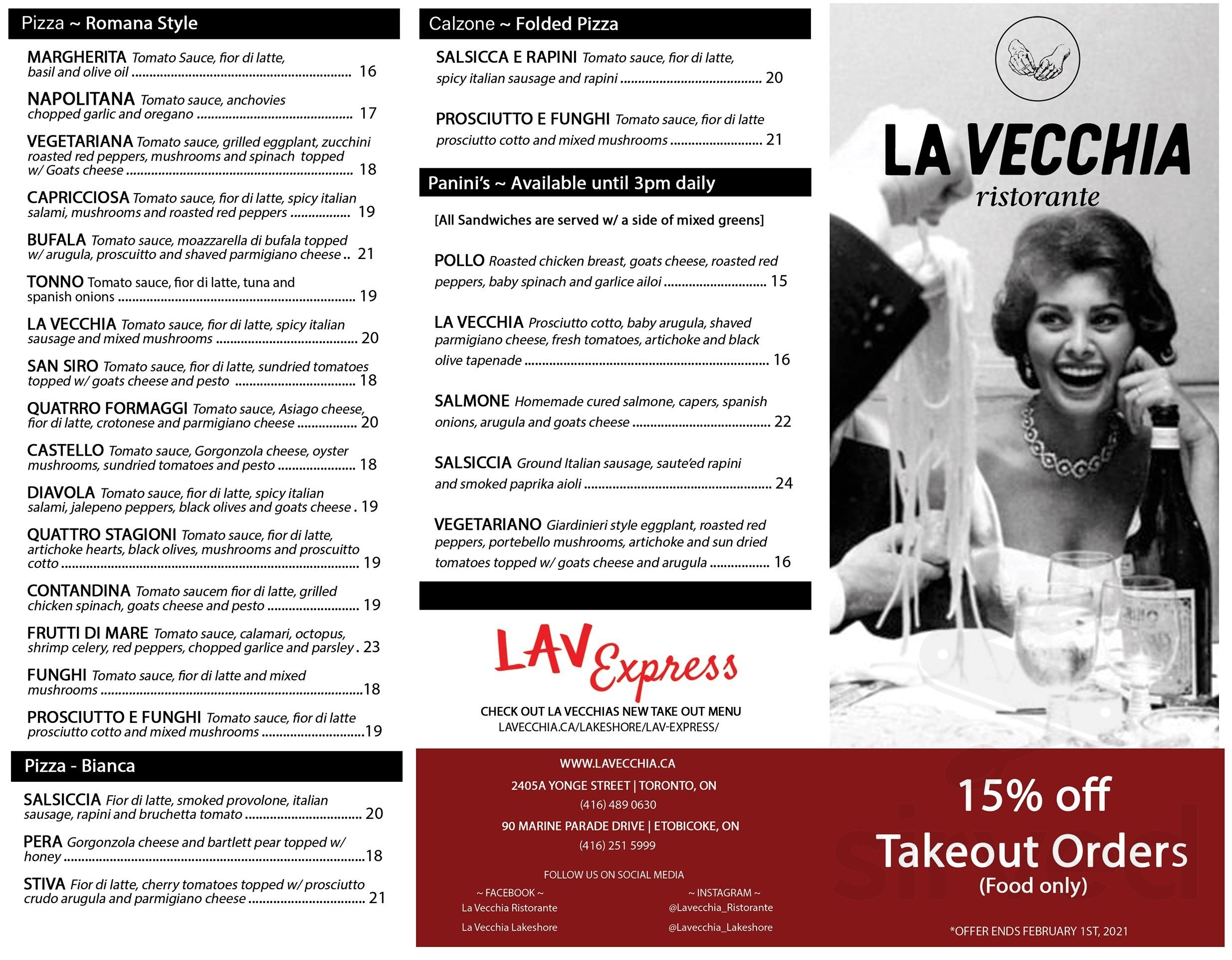 La Vecchia Restaurant Lakeshore menu in Etobicoke, Ontario, Canada