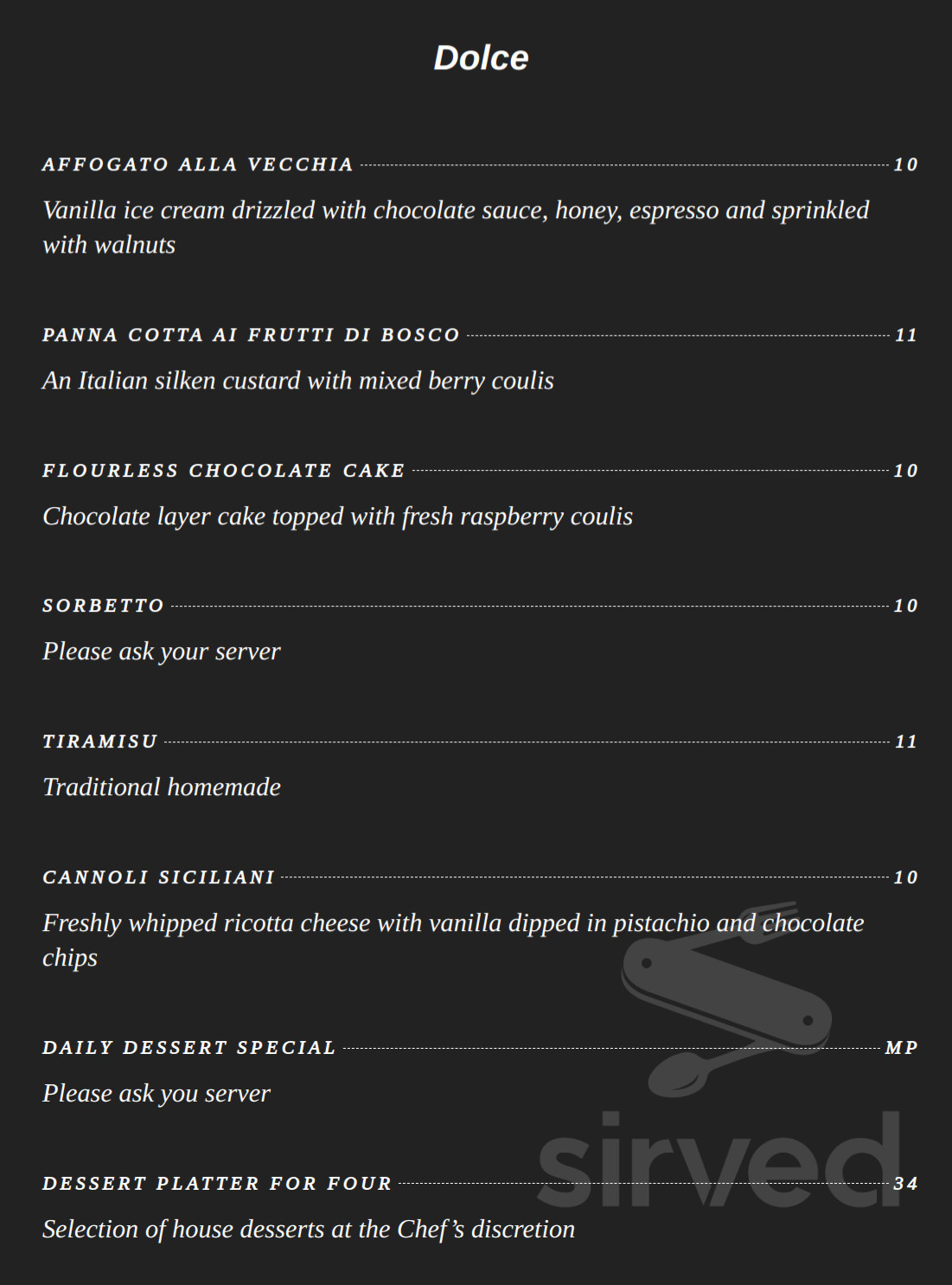 La Vecchia Restaurant Lakeshore menu in Etobicoke, Ontario, Canada