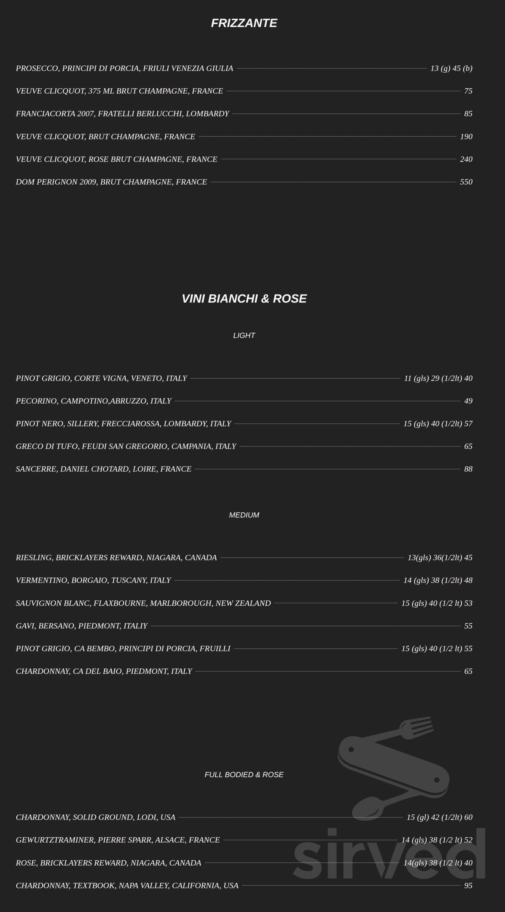 La Vecchia Restaurant Lakeshore menu in Etobicoke, Ontario, Canada
