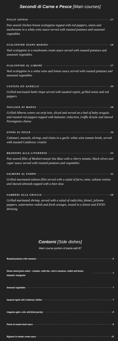 La Vecchia Restaurant Lakeshore menu in Etobicoke, Ontario, Canada