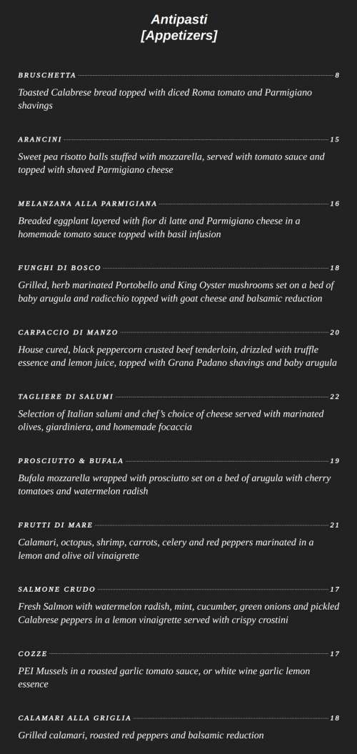 La Vecchia Restaurant Lakeshore menu in Etobicoke, Ontario, Canada