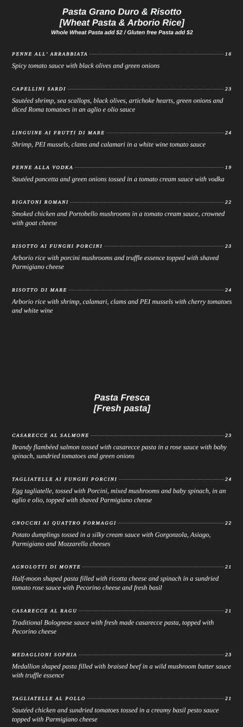 La Vecchia Restaurant Lakeshore menu in Etobicoke, Ontario, Canada