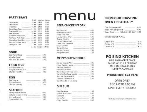 PO Sing Kitchen menu in Mililani, Hawaii, USA