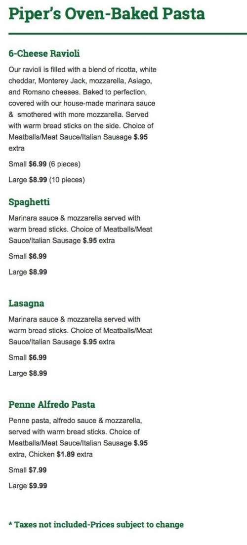 Piper's Mighty Good Pizza menu in Harbor Springs, Michigan, USA