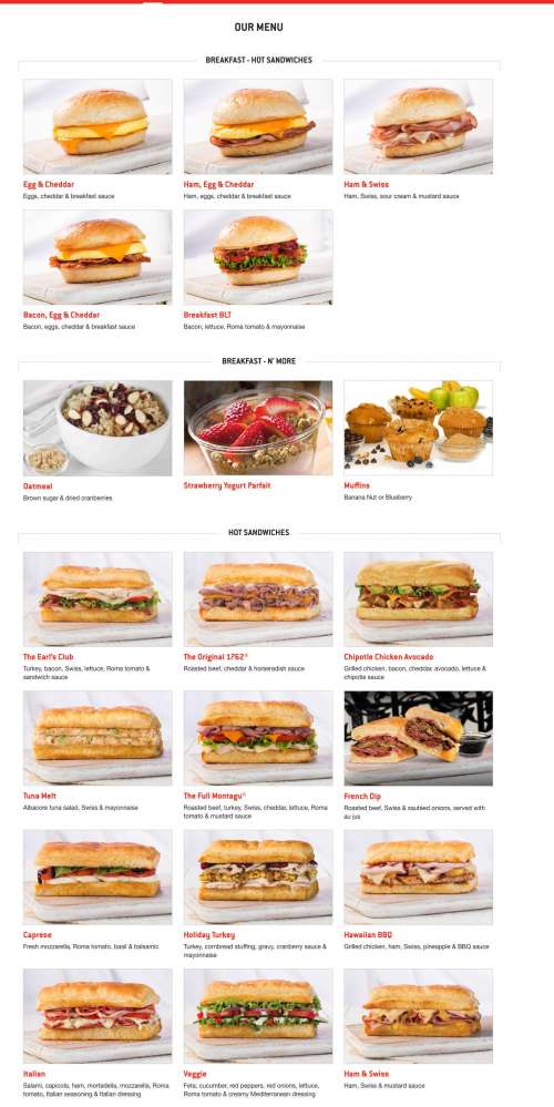 Earl of Sandwich menu in Miami, Florida, USA