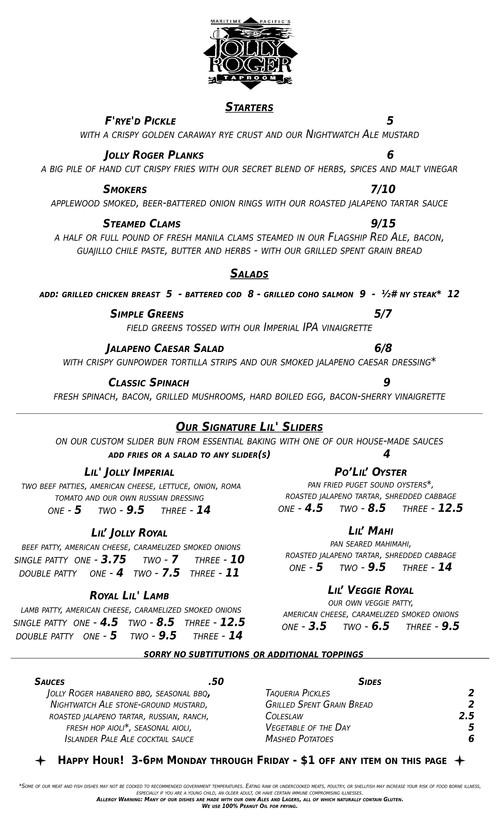 Jolly Roger Taproom menu in Seattle, Washington, USA