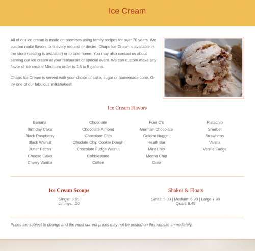 Chaps Ice Cream menu in Charlottesville, Virginia, USA
