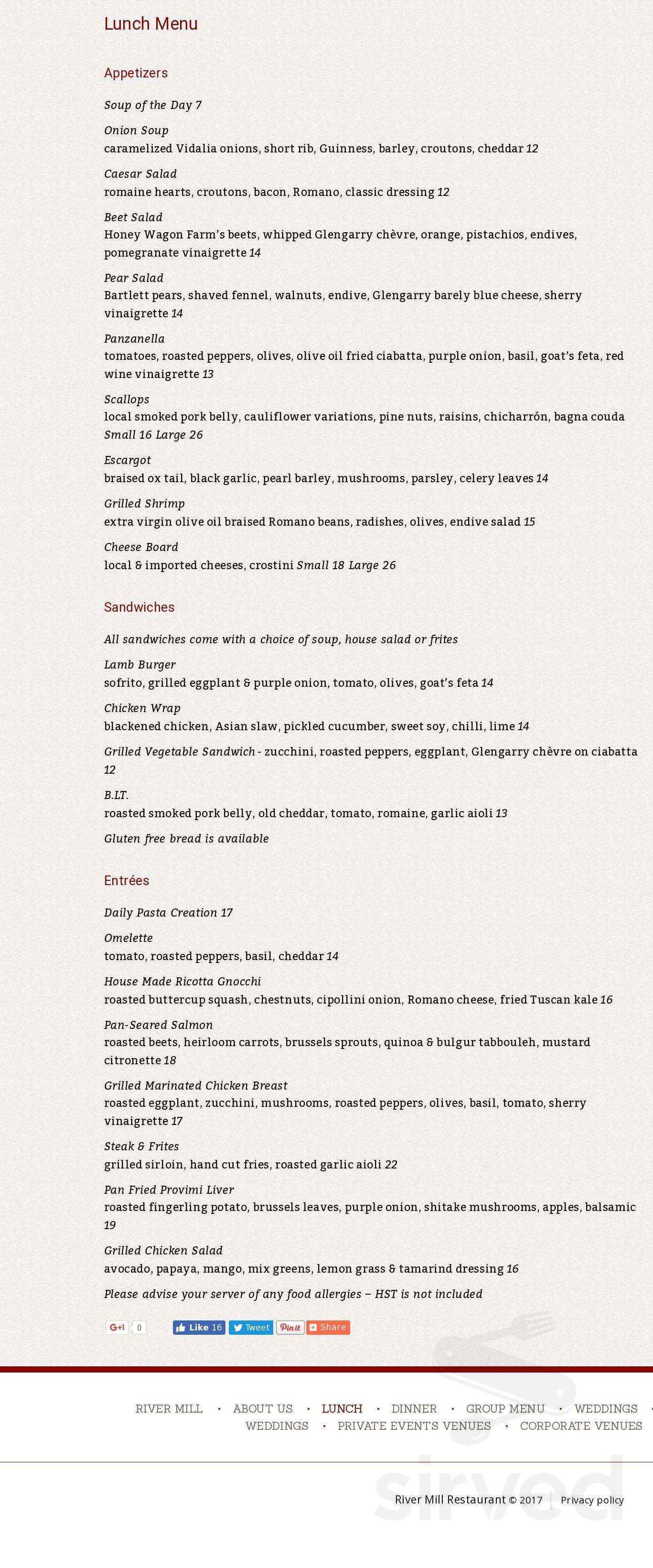 Menu for River Mill Restaurant in Kingston, ON | Sirved