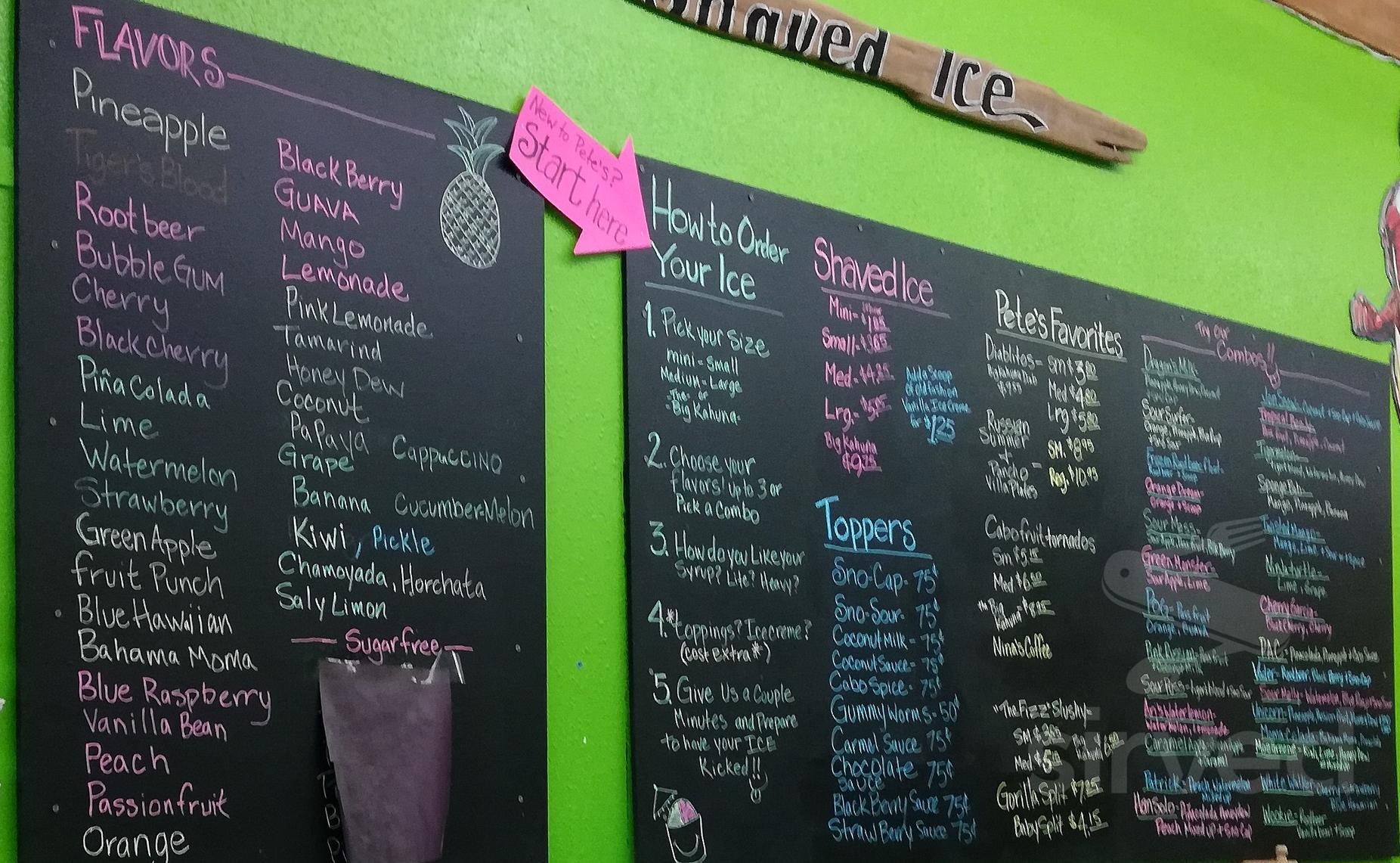 Pineapple Pete's Shaved ice Stand menu in Walla Walla, Washington, USA