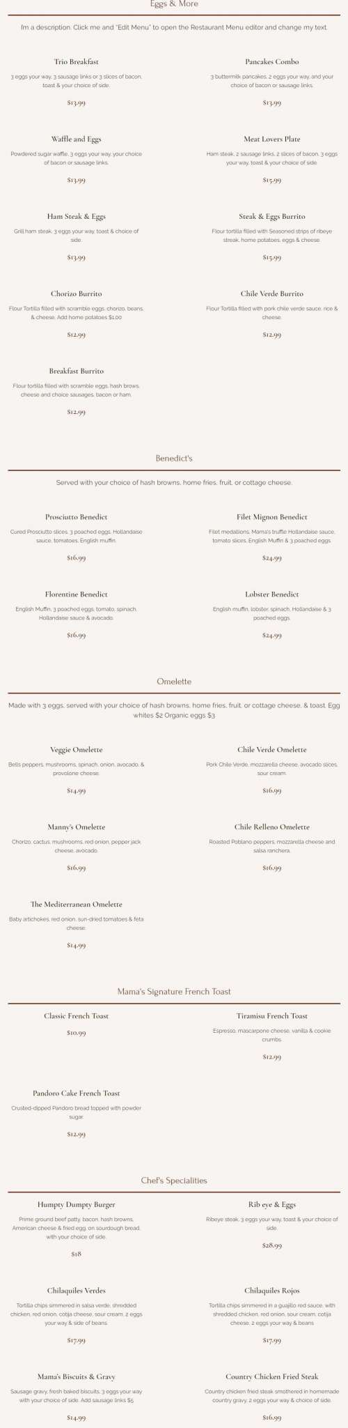 Mama's Egg House menu in Idyllwild-Pine Cove, California, USA