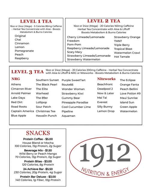 1912 Nutrition & Energy menu in Drumright, Oklahoma, USA