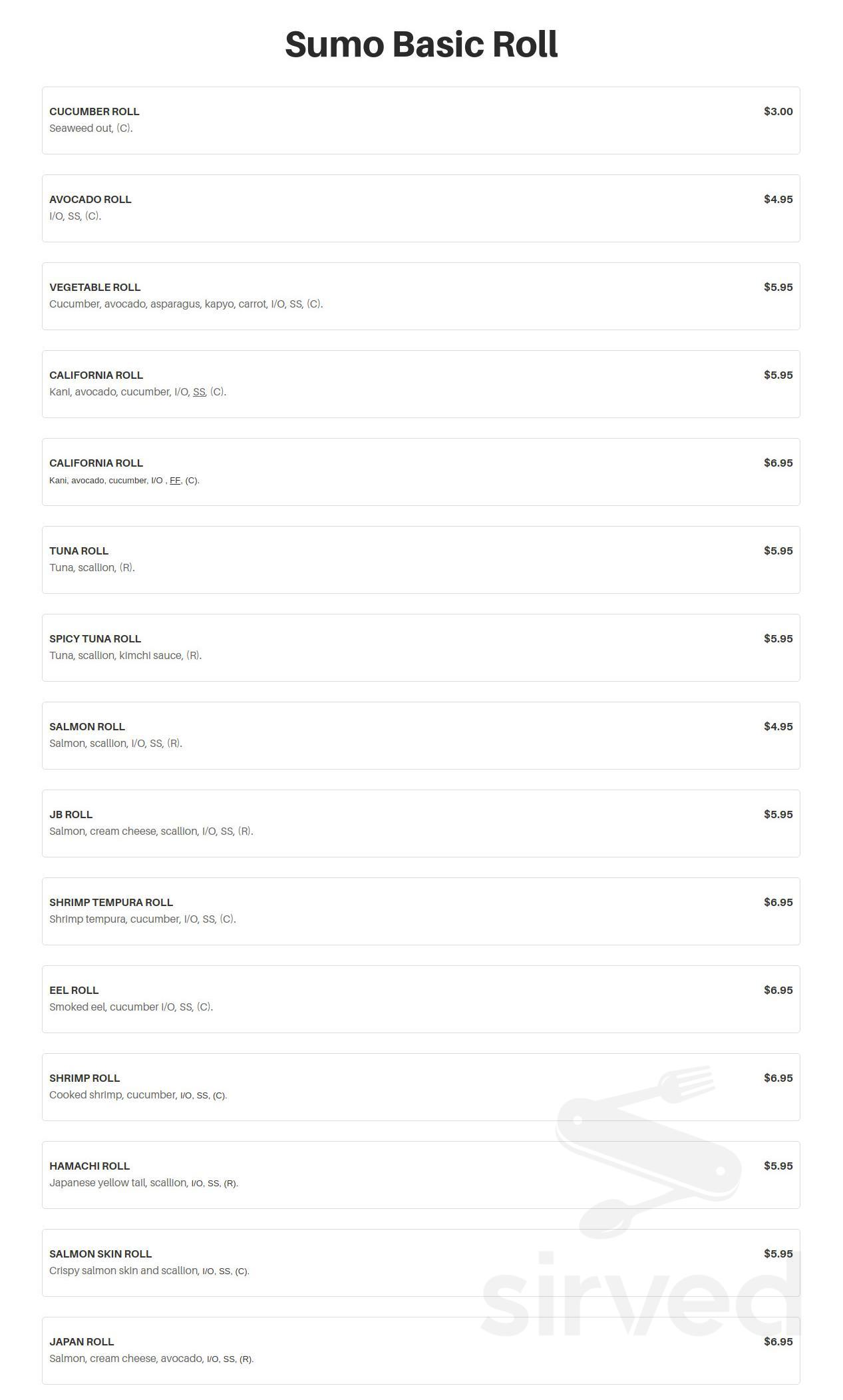 Sumo House menu in Vero Beach, Florida, USA