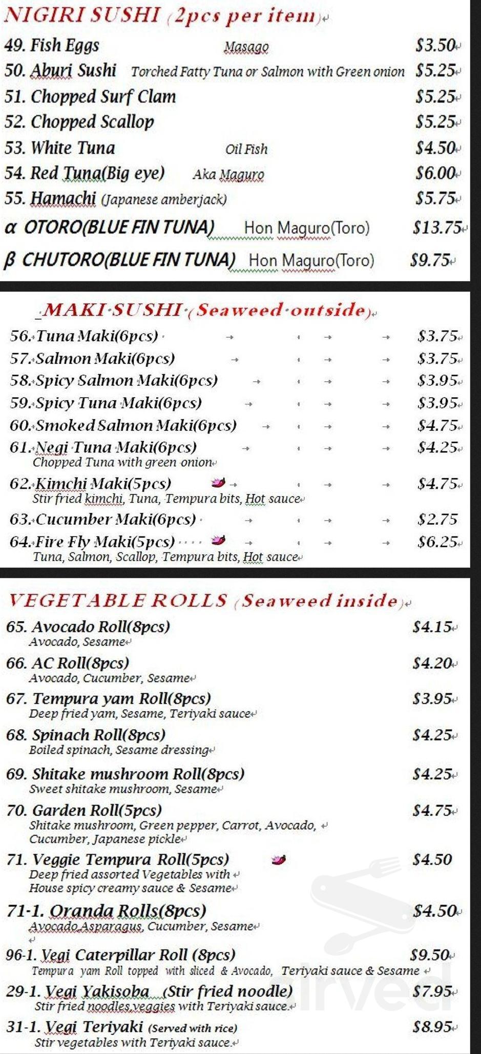 Sushi Hon menus in Winnipeg, Manitoba, Canada