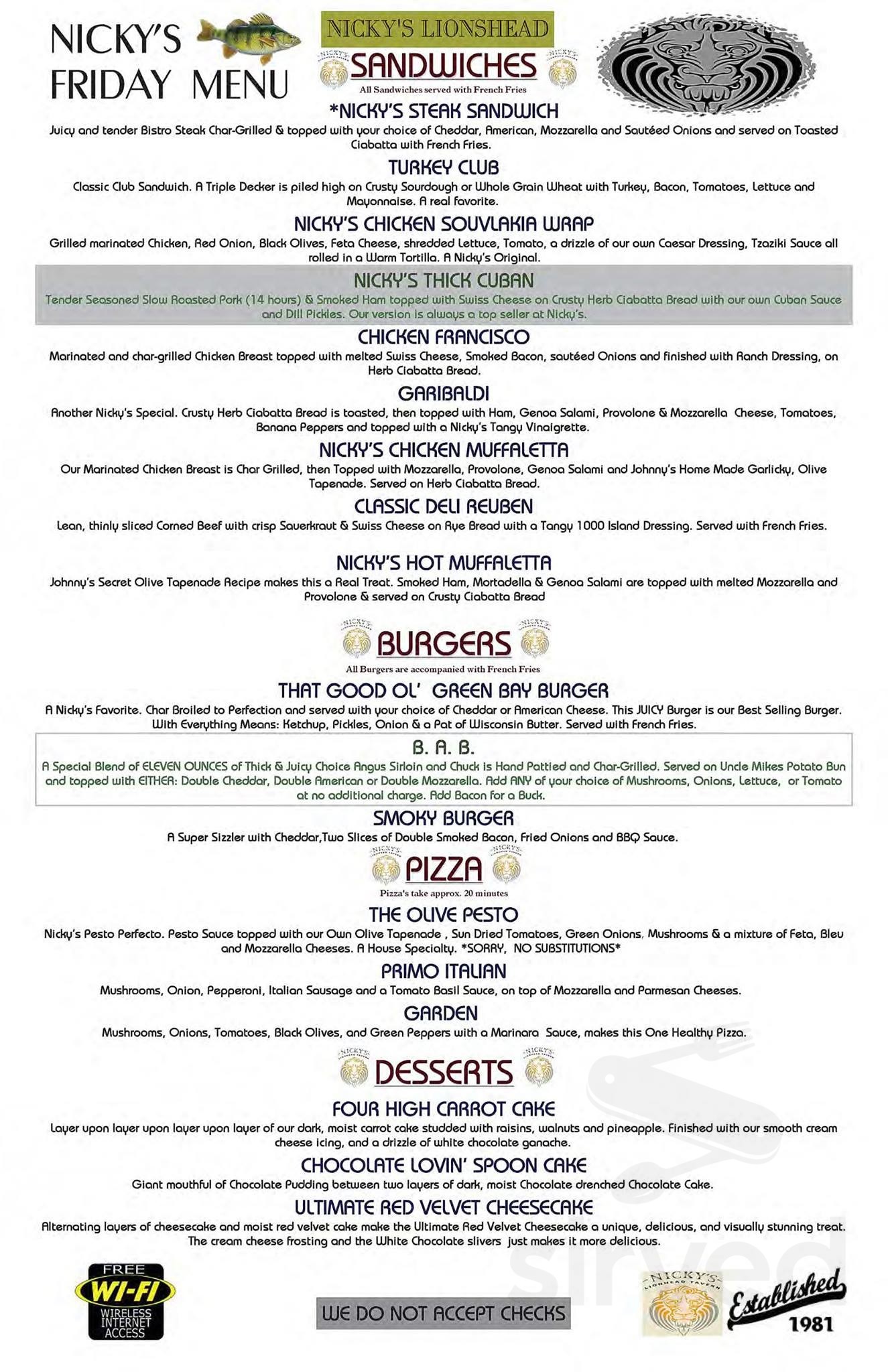 Nicky's Lionhead Restaurant menus in De Pere, Wisconsin, United States