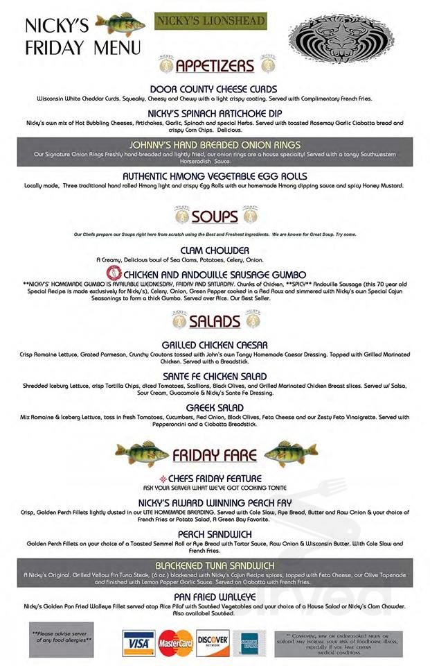 Nicky's Lionhead Restaurant menus in De Pere, Wisconsin, United States