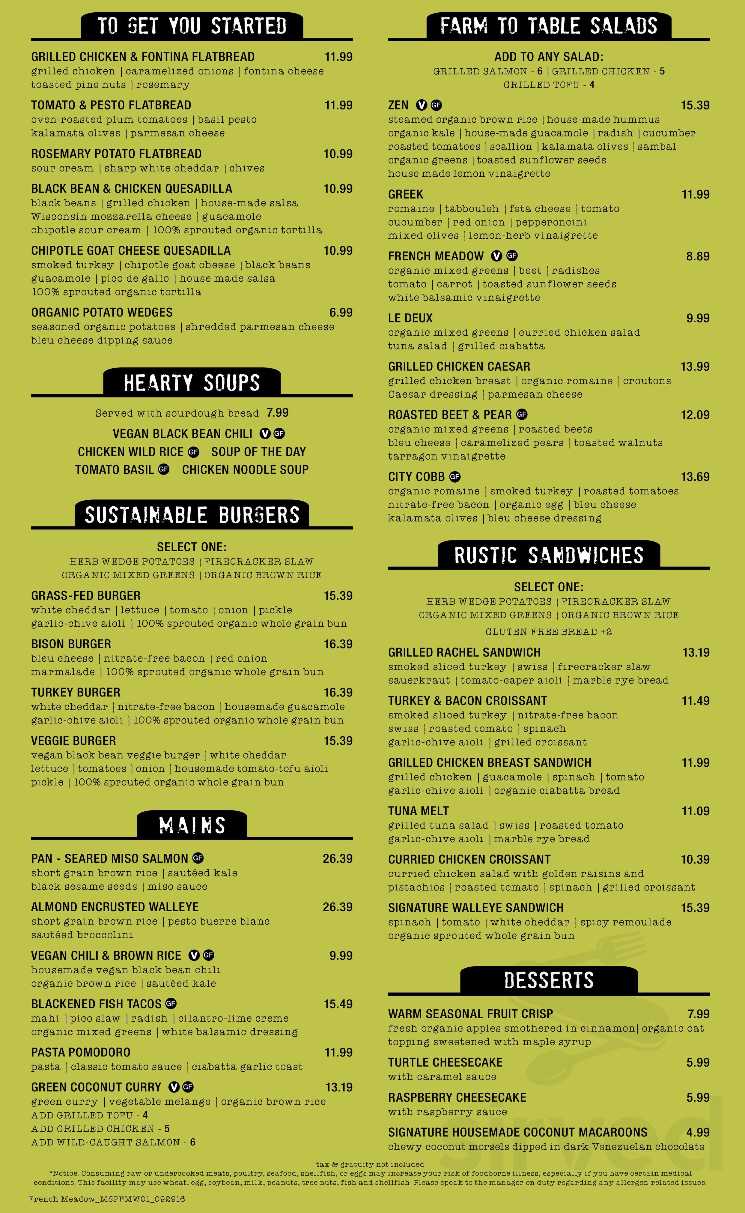French Meadow menu in St Paul, Minnesota, USA