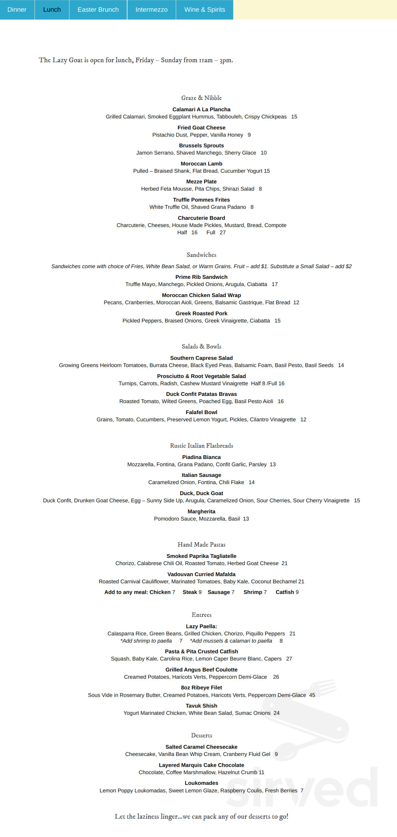 The Lazy Goat menu in Greenville, South Carolina, USA