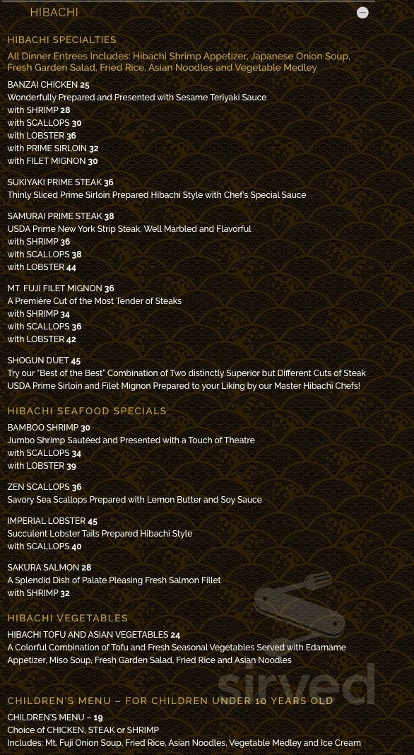 Mt. Fuji menu in Hillburn, New York, USA