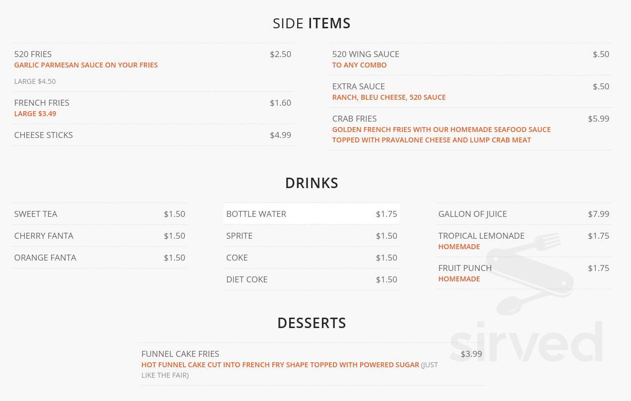 520 Wings menu in Savannah, Georgia, USA