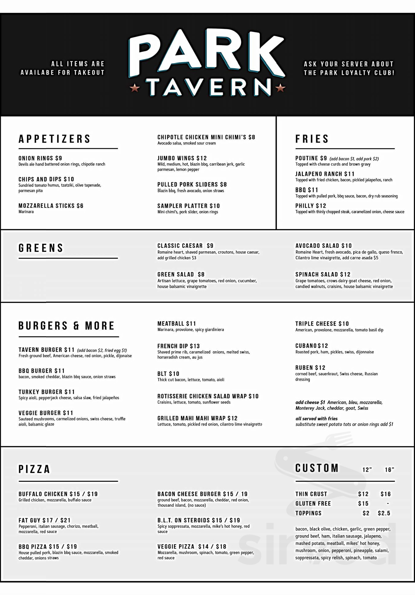 Park Tavern menu in Gilbert, Arizona, USA