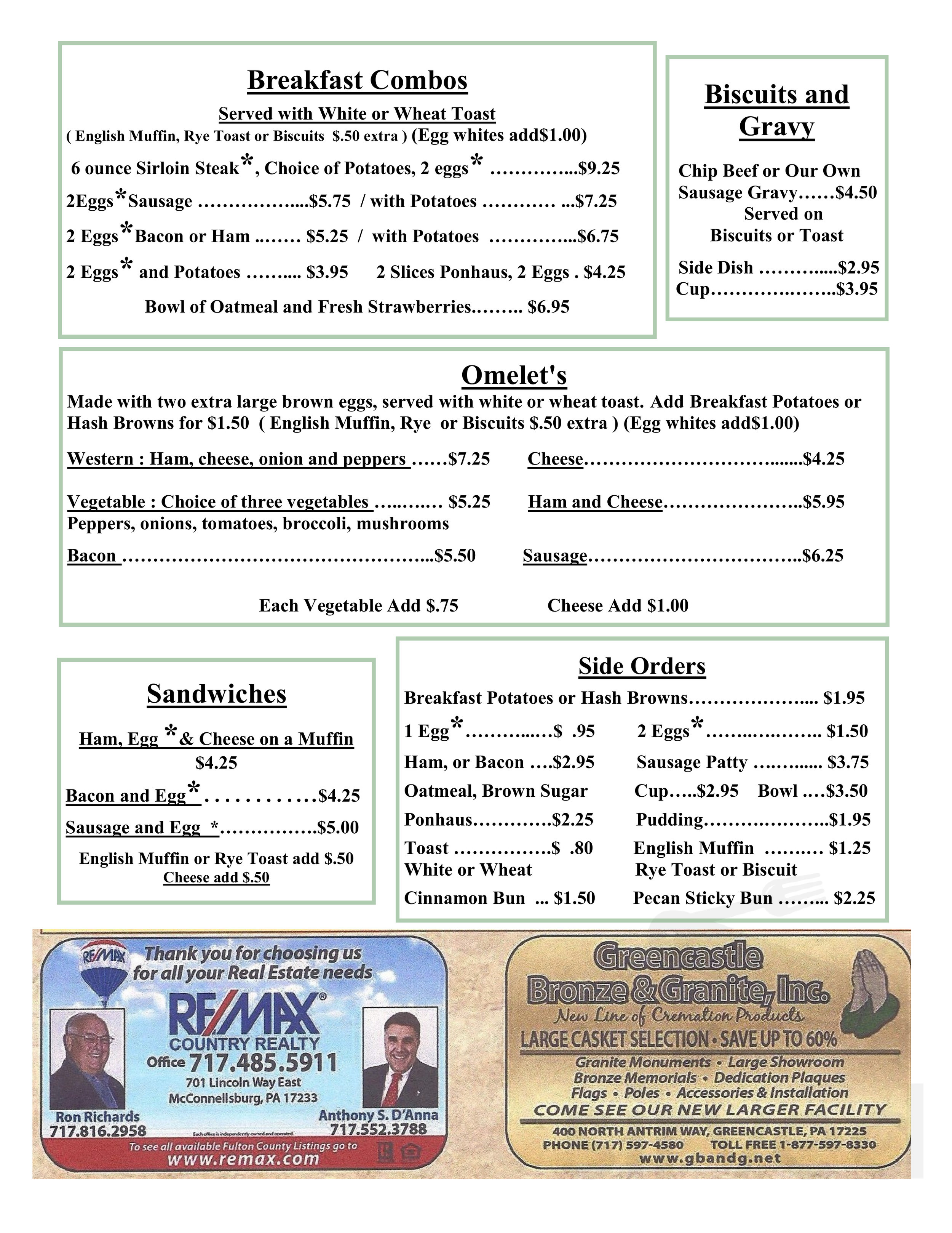 Foot of the Mountain Restaurant menu in Mercersburg, Pennsylvania, USA