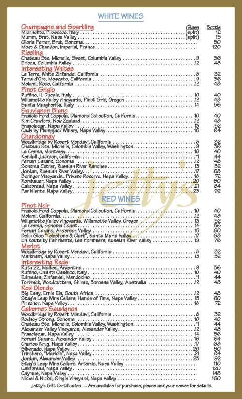 Jetty's Waterfront Restaurant menu in Jupiter, Florida, USA