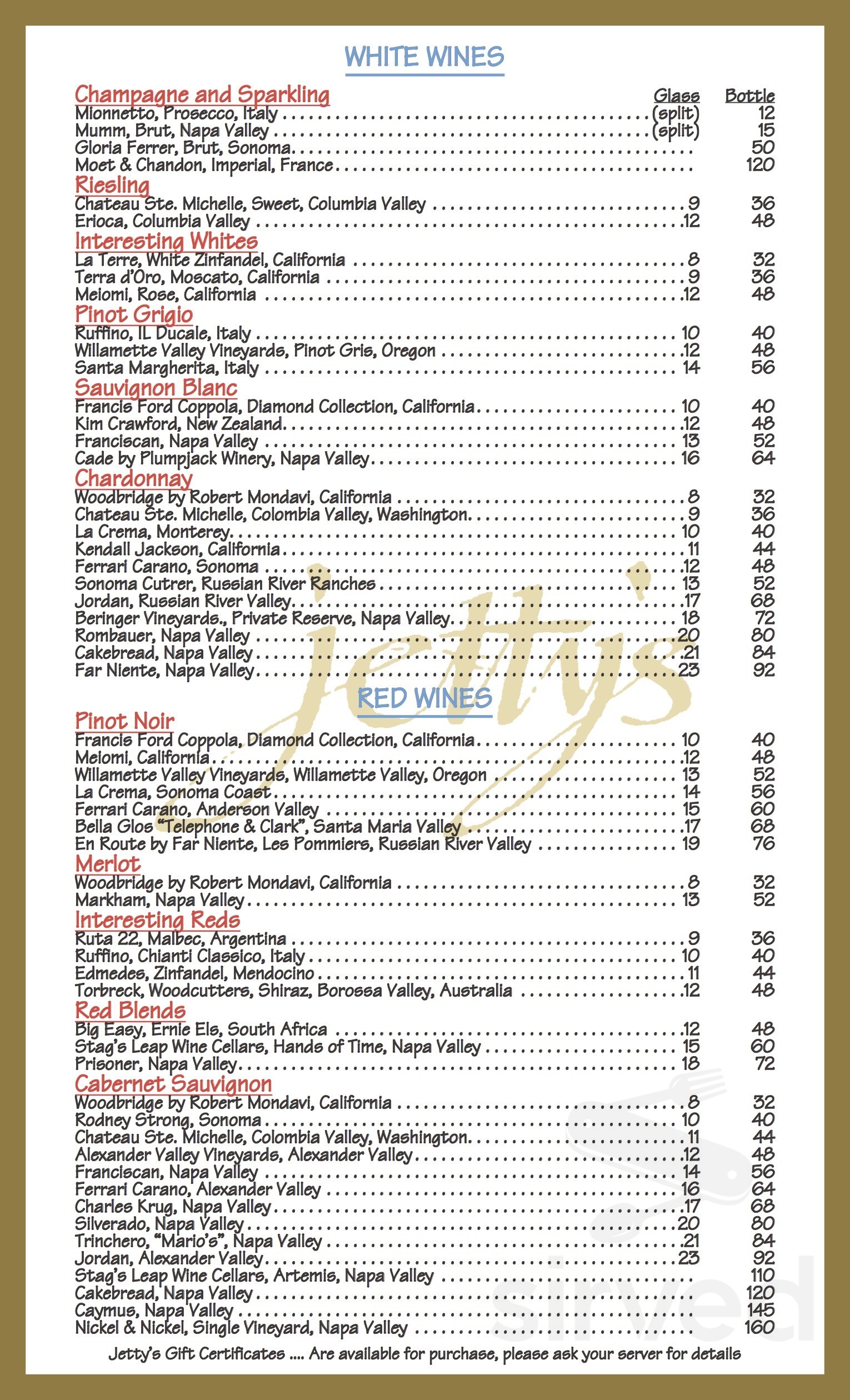 Jetty's Waterfront Restaurant menu in Jupiter, Florida, USA