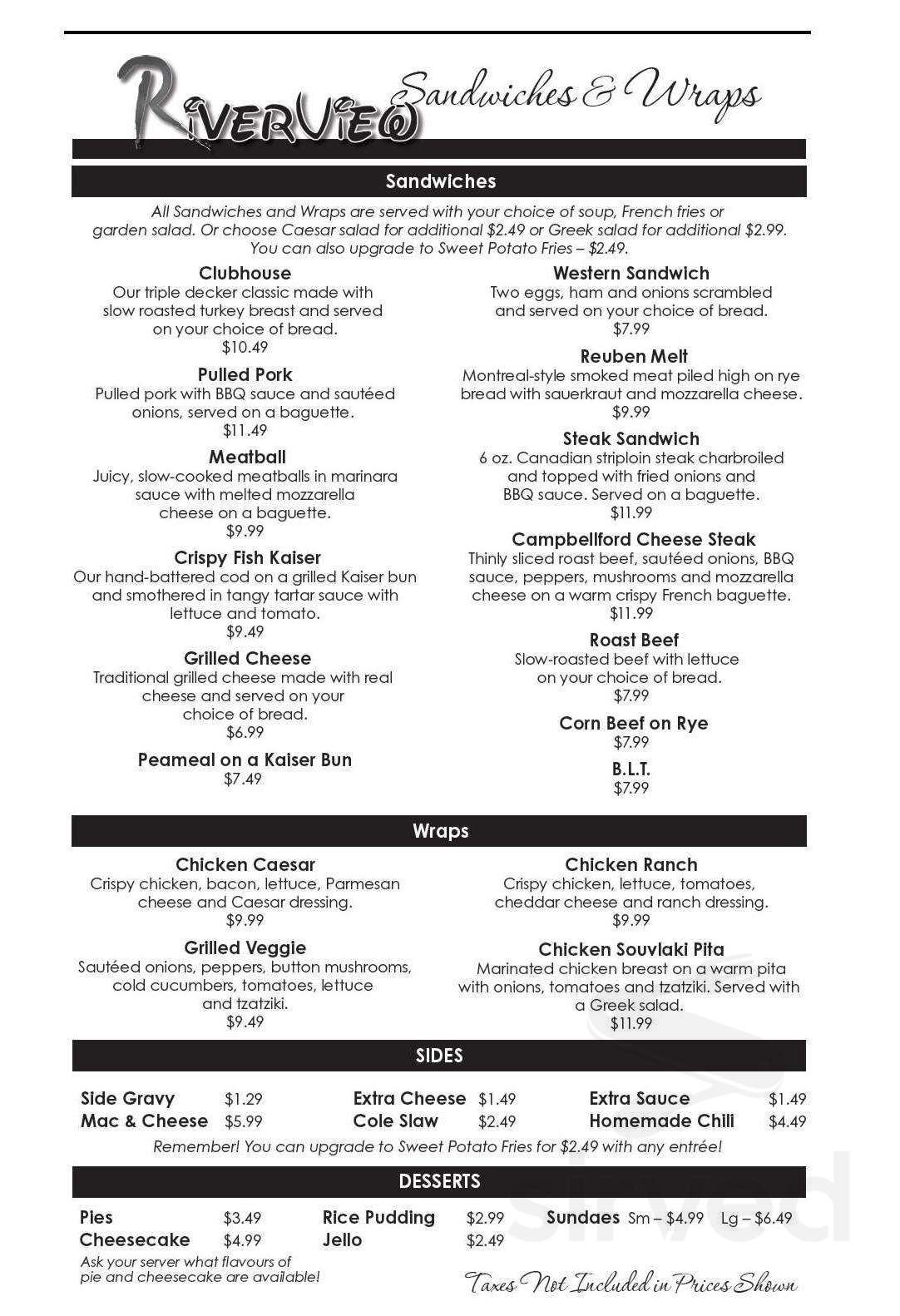 Riverview Restaurant & Tavern menu in Campbellford, Ontario, Canada