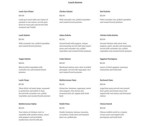 Vivace Mediterranean Cuisine menu in Bentonville, Arkansas, USA