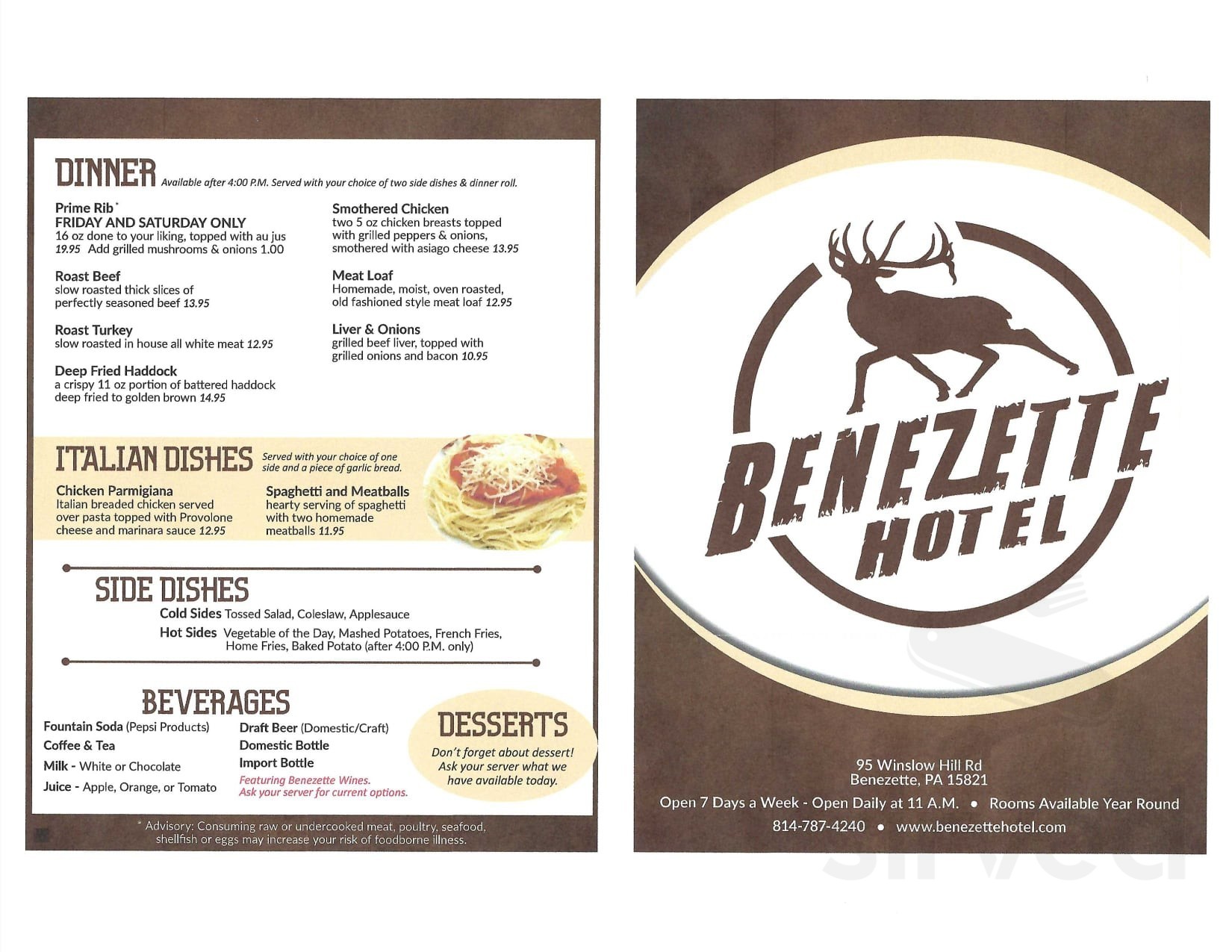 Menu for Benezette Hotel in Benezette, PA | Sirved