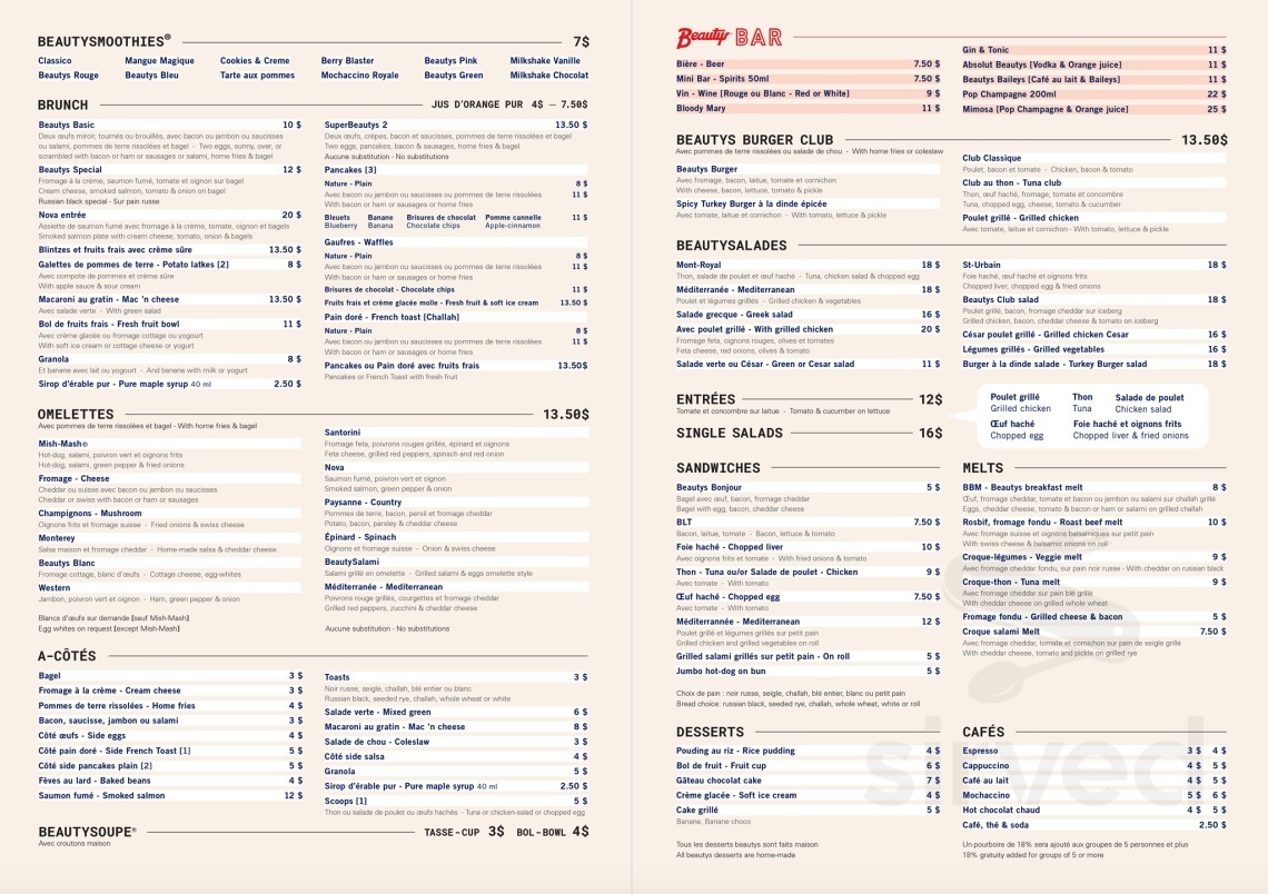 Menu for Beauty's Restaurant in Montréal, QC | Sirved