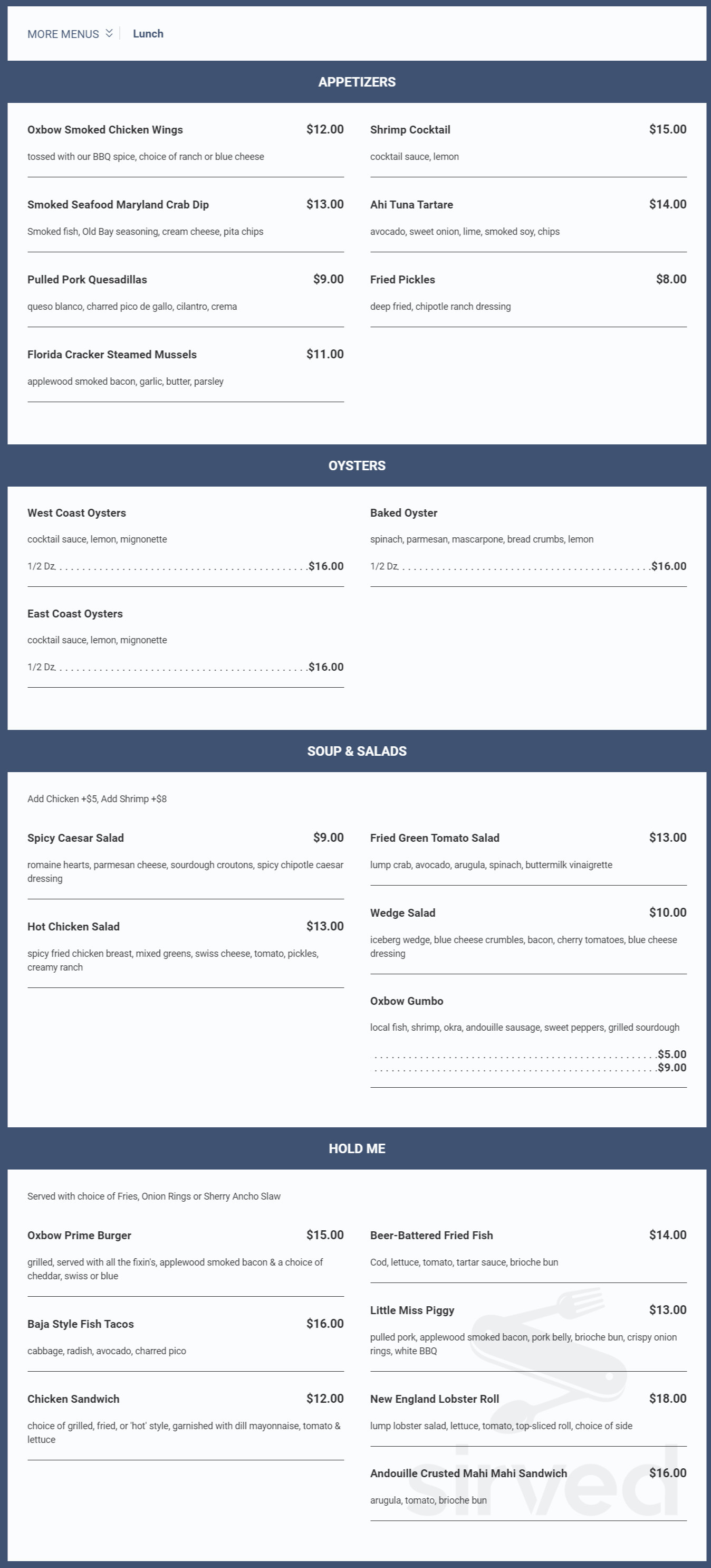 Oxbow Bar & Grill menu in Fort Myers, Florida, USA