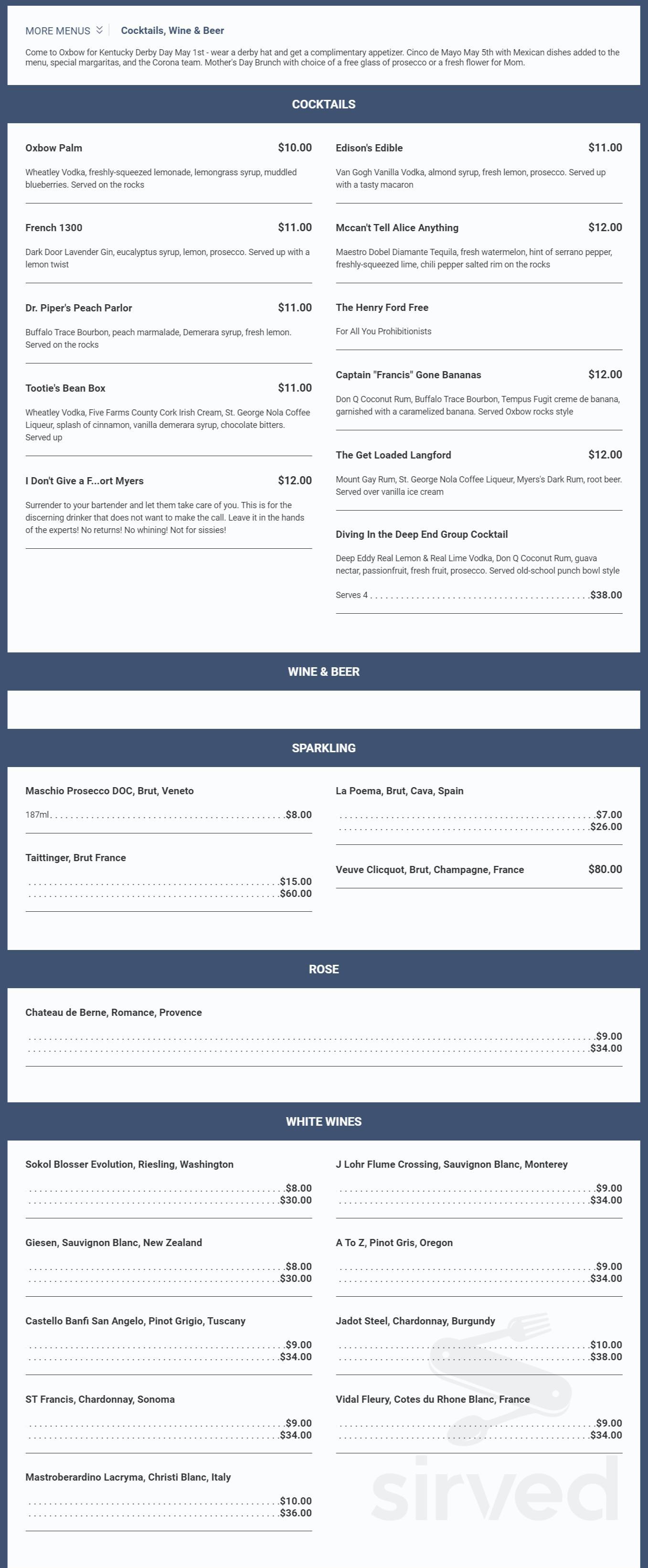 Oxbow Bar & Grill menu in Fort Myers, Florida, USA