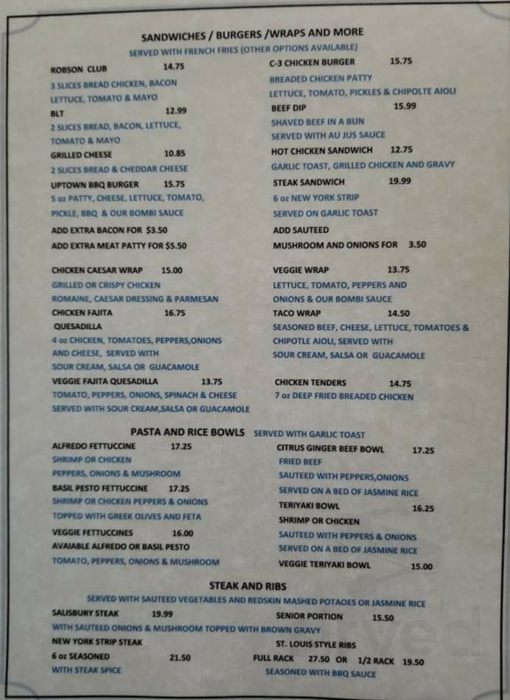 The Bombi Restaurant menus in Castlegar, British Columbia, Canada