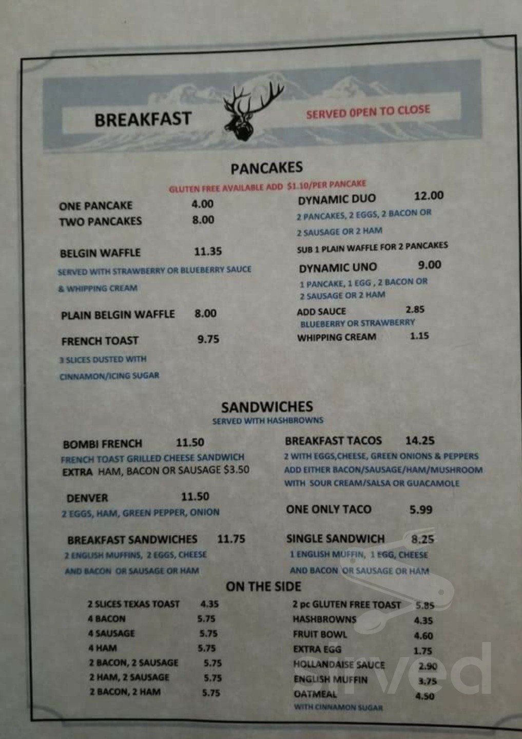 The Bombi Restaurant menus in Castlegar, British Columbia, Canada