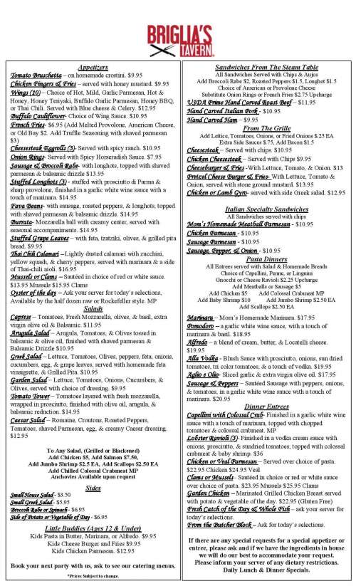 Briglia's Tavern menu in Berlin, New Jersey, USA