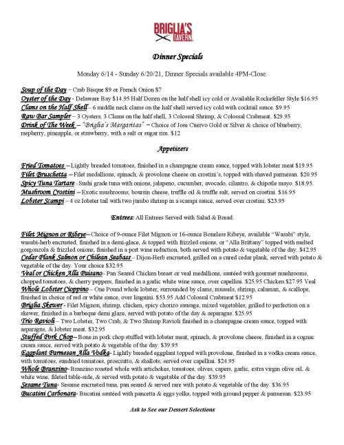 Briglia's Tavern menu in Berlin, New Jersey, USA