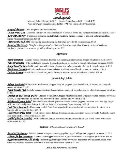 Briglia's Tavern menu in Berlin, New Jersey, USA
