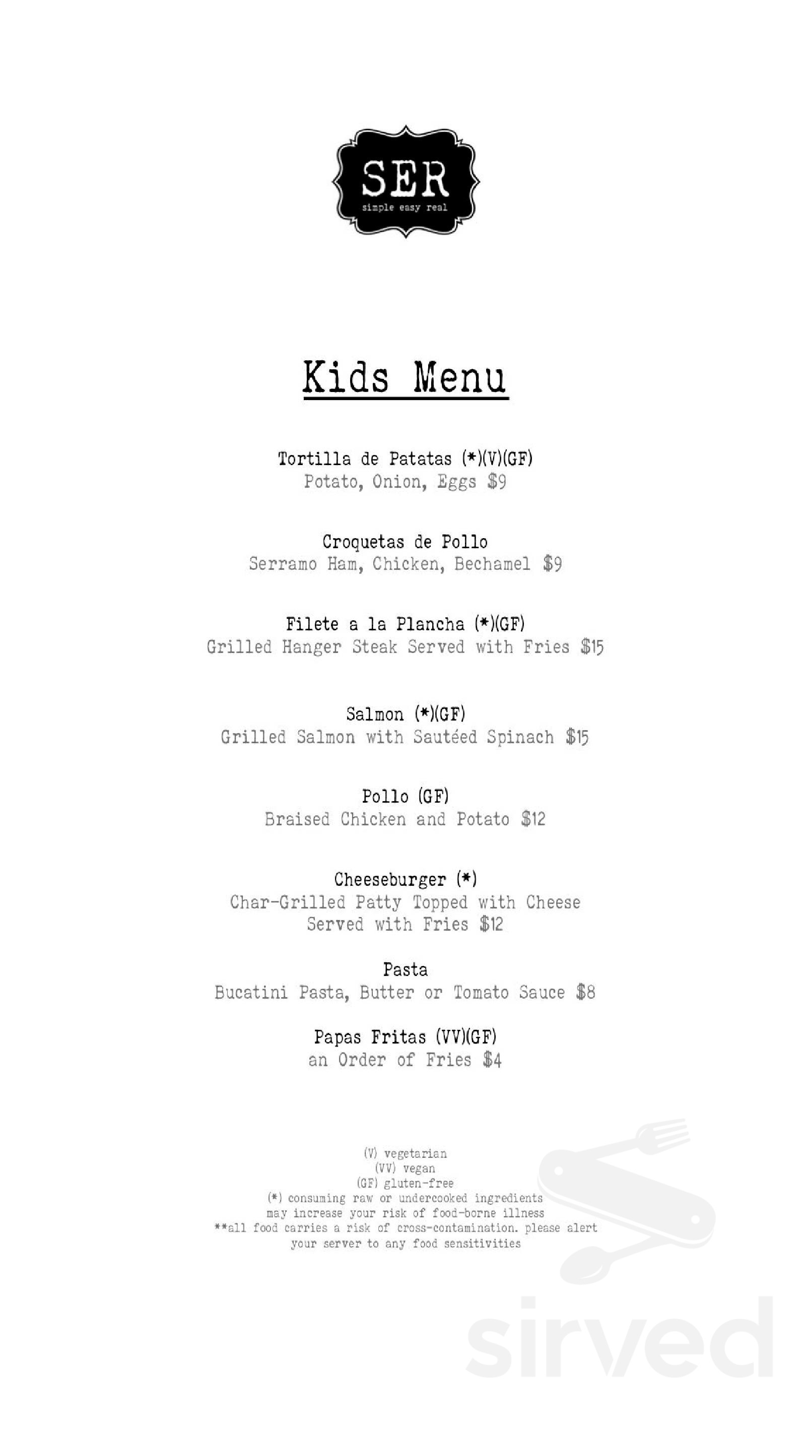 SER Restaurant menu in Arlington, Virginia, USA