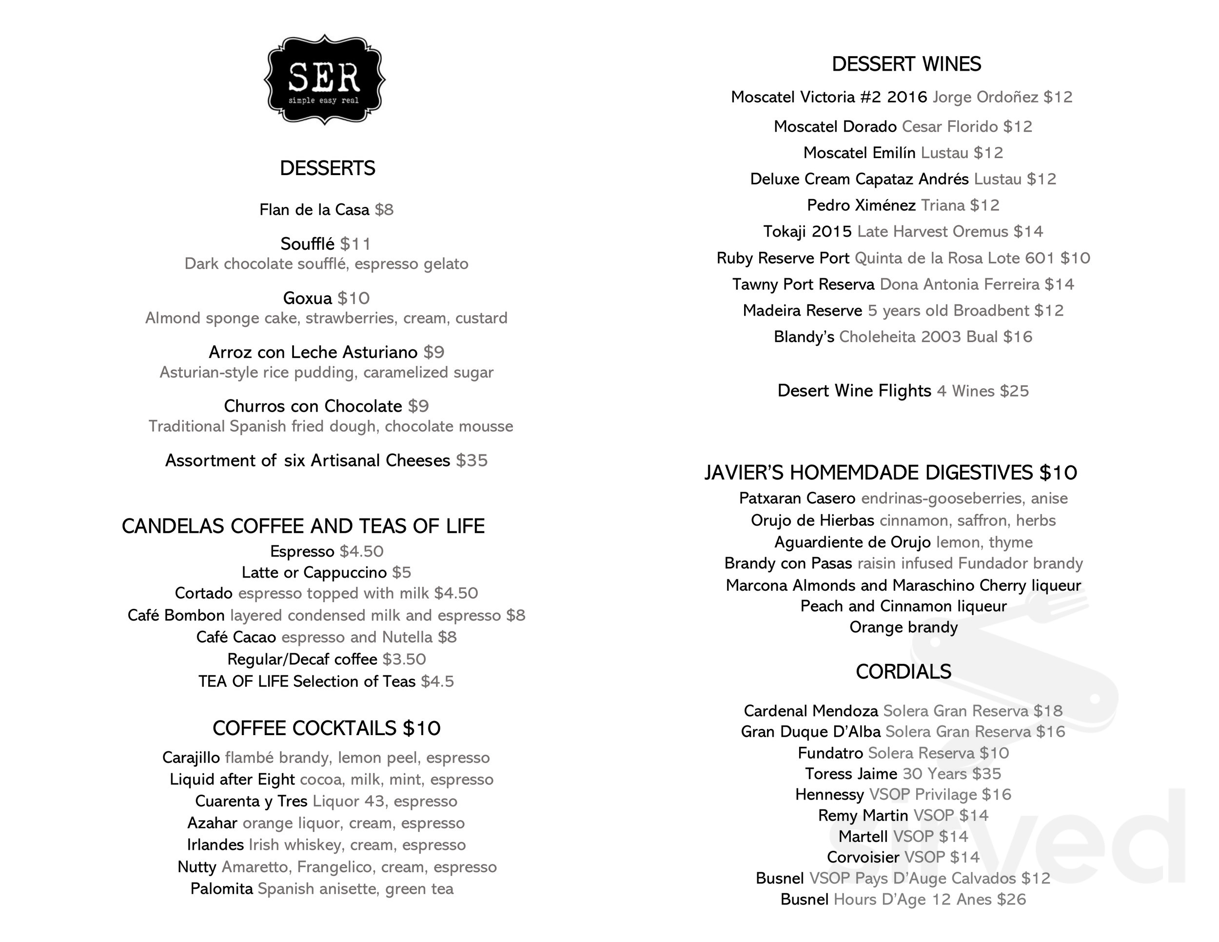 SER Restaurant menu in Arlington, Virginia, USA
