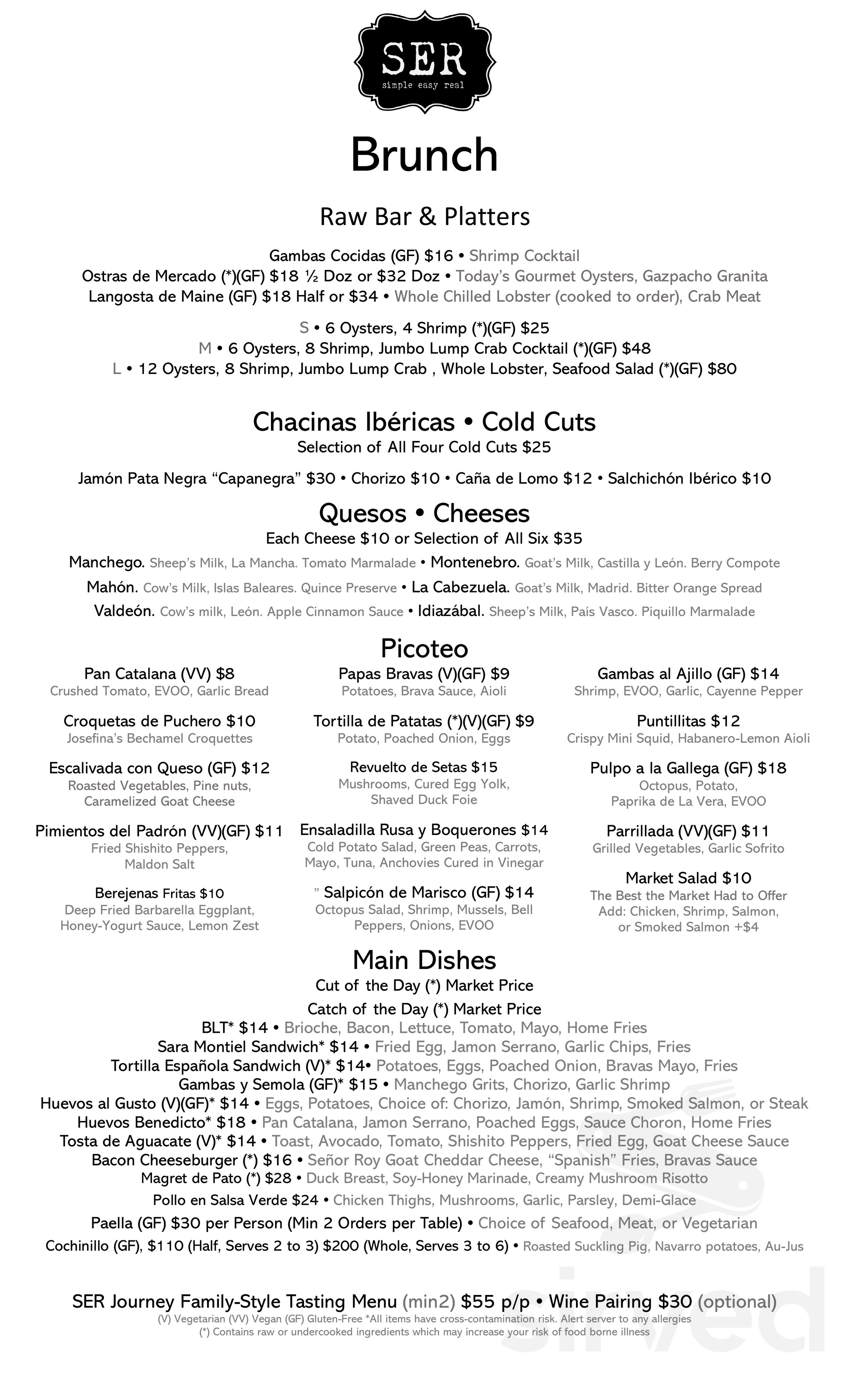 Menu - Arlington VA's SER Restaurant | Sirved