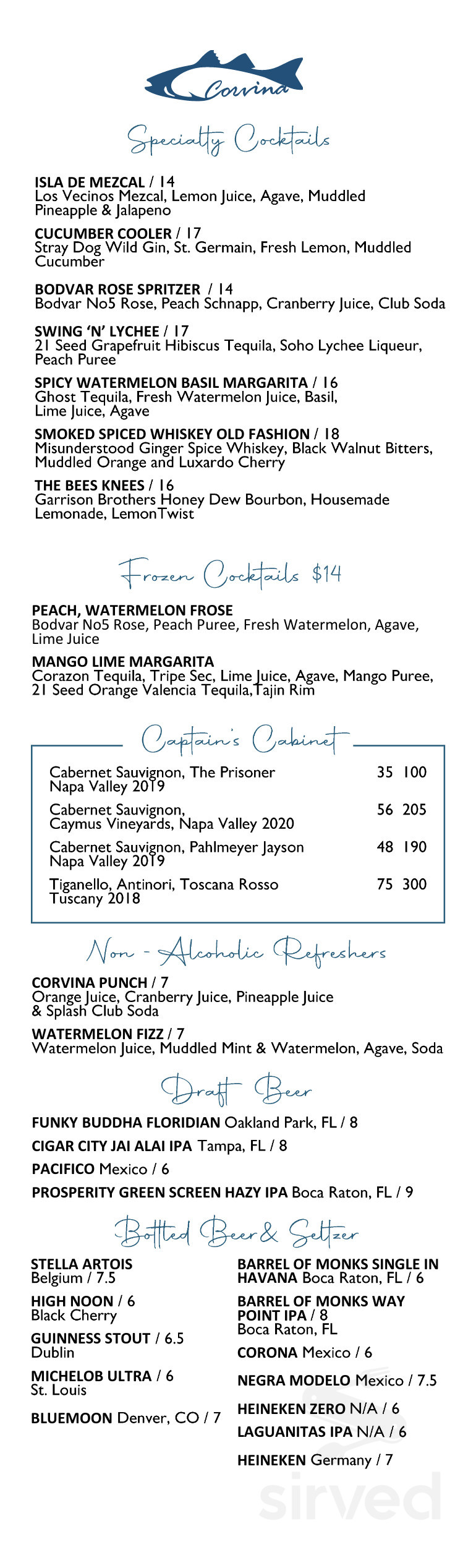 Corvina Seafood Grill menus in Boca Raton, Florida, United States