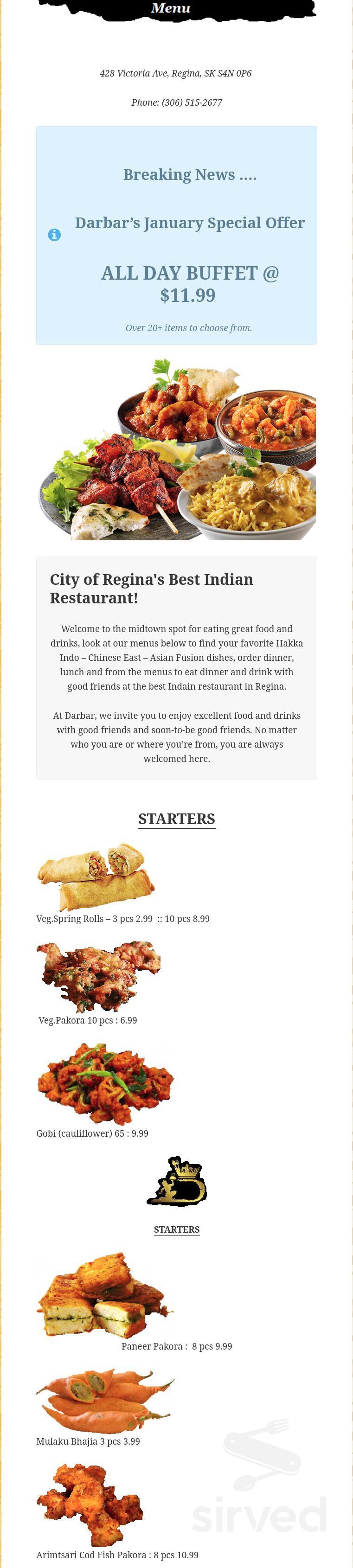 Darbar Restaurant menu in Regina, Saskatchewan, Canada