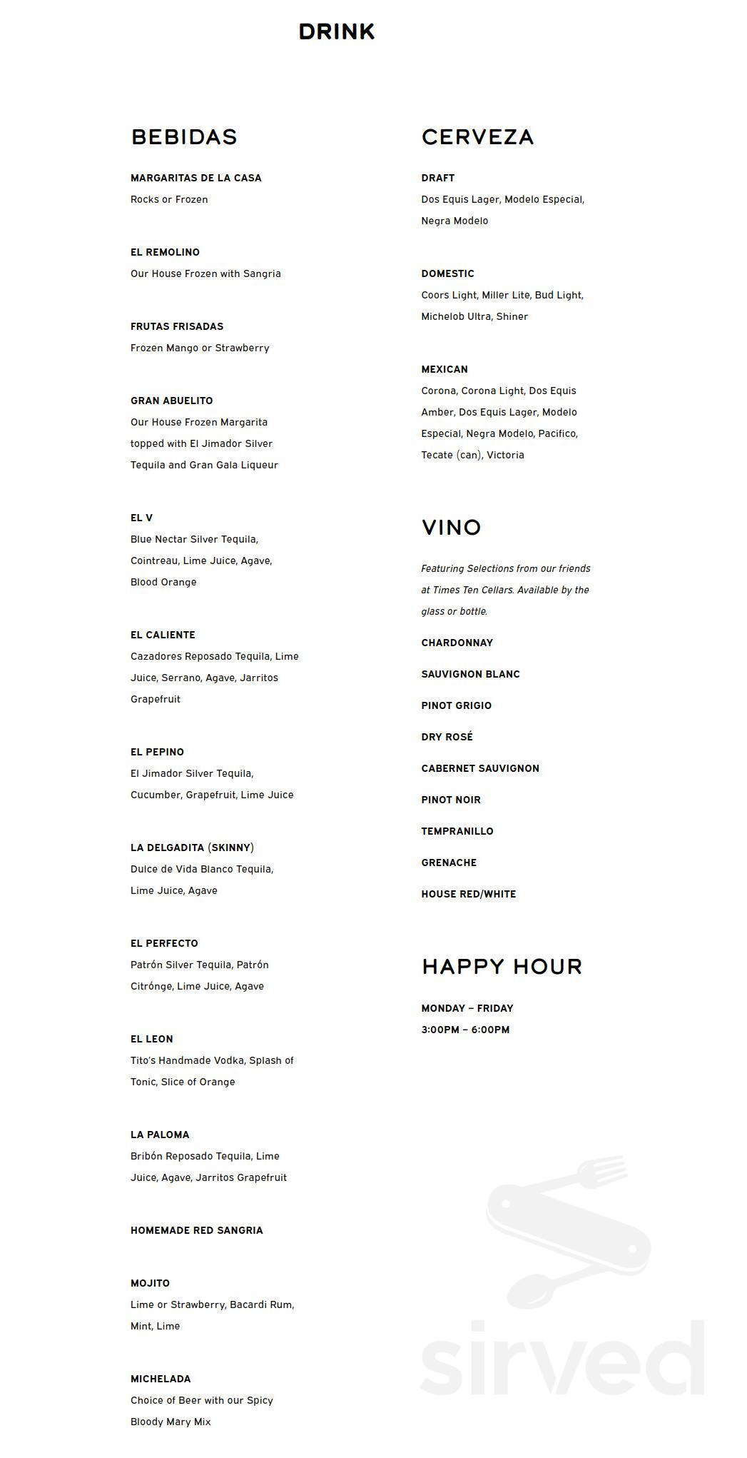 El Vecino Tex Mex menu in Dallas, Texas, USA