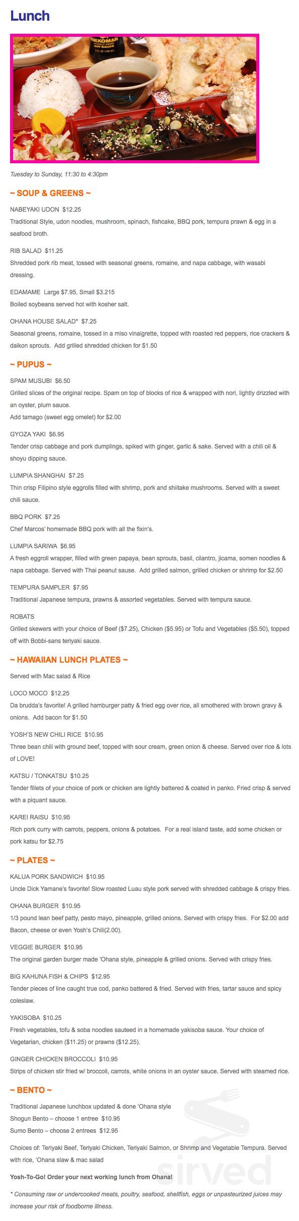 Ohana Belltown menu in Seattle, Washington, USA