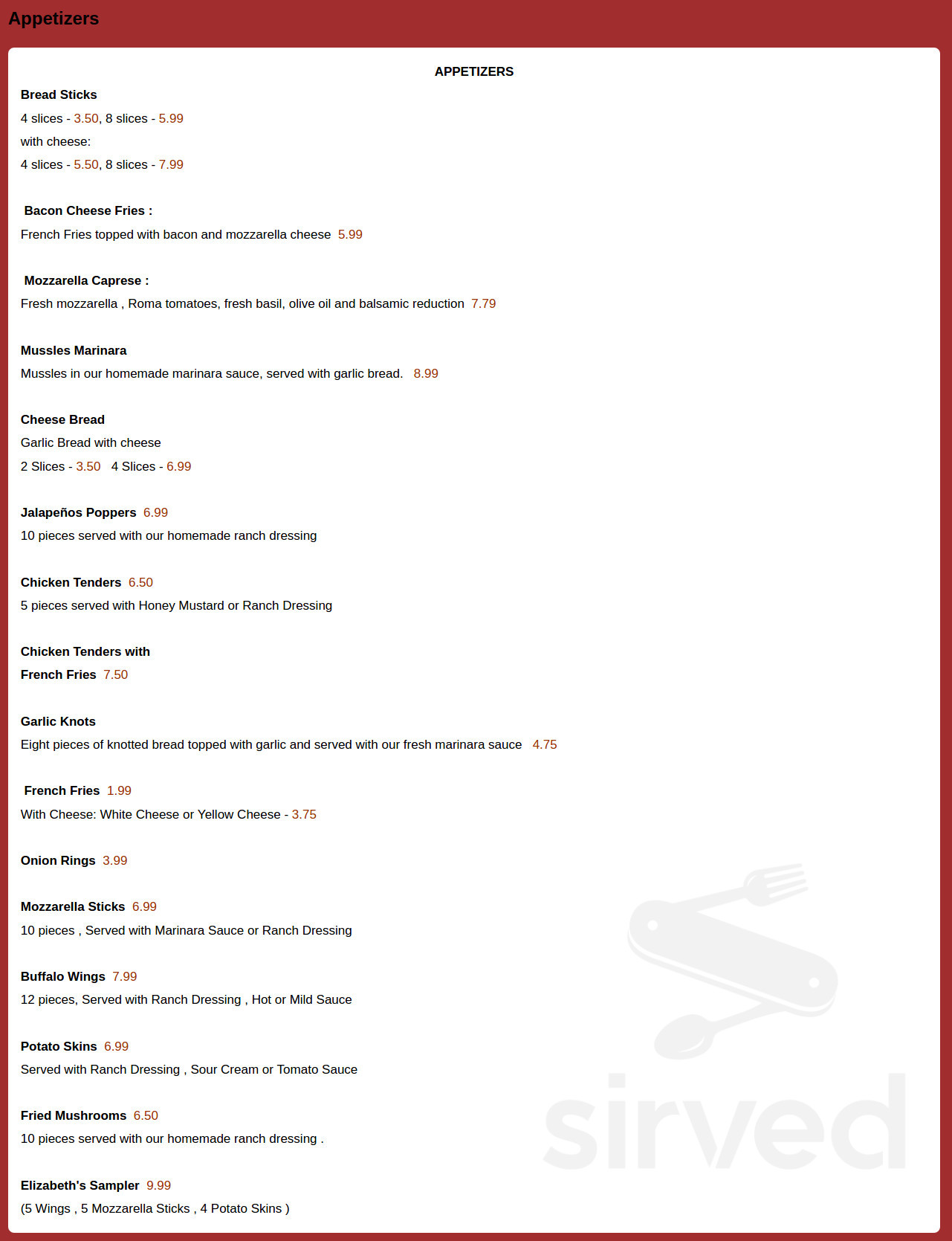 Menu for Elizabeth's Pizza & Italian Restaurant in Pittsboro, NC | Sirved