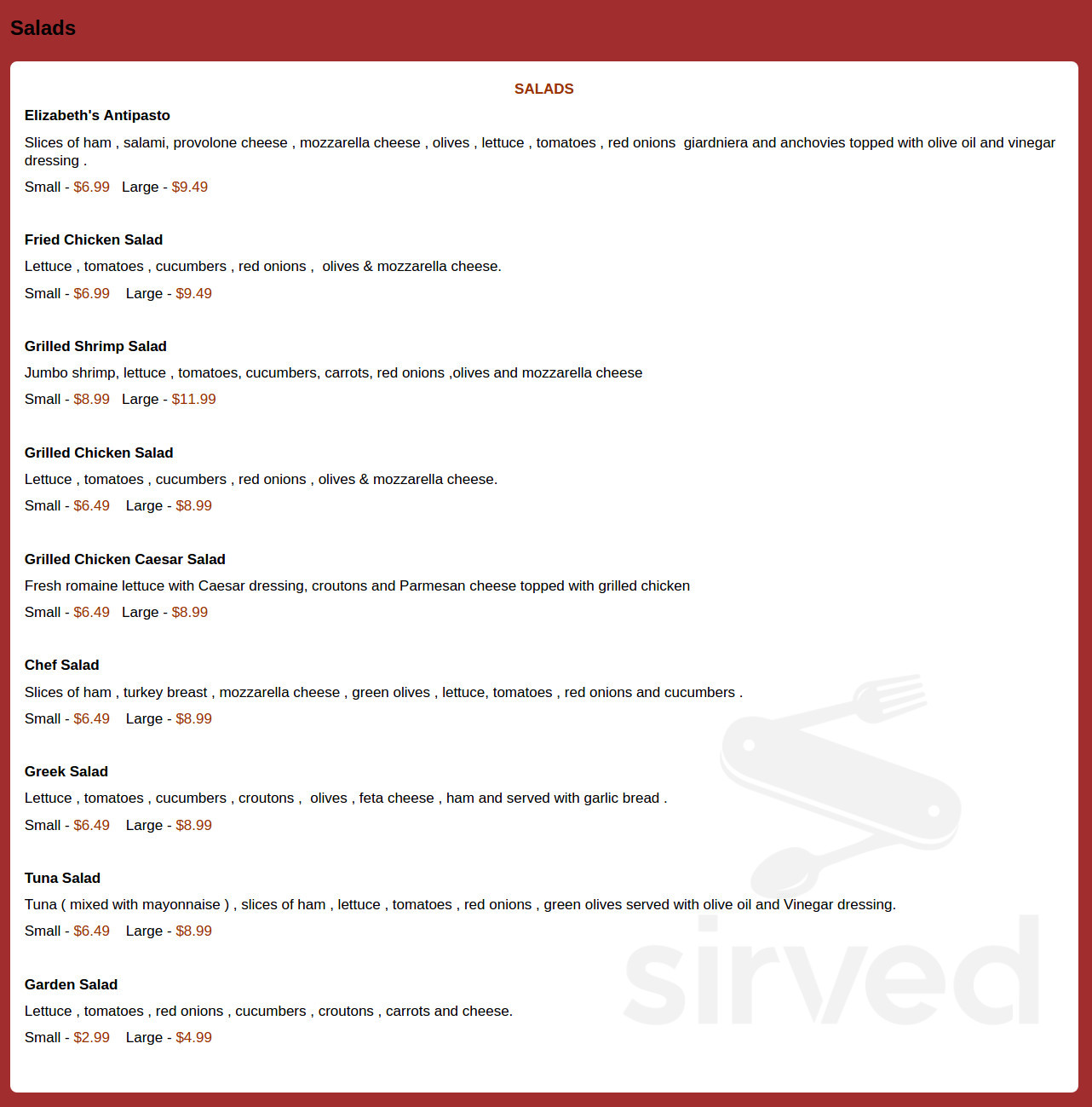 Elizabeth's Pizza & Italian Restaurant menus in Pittsboro, North ...